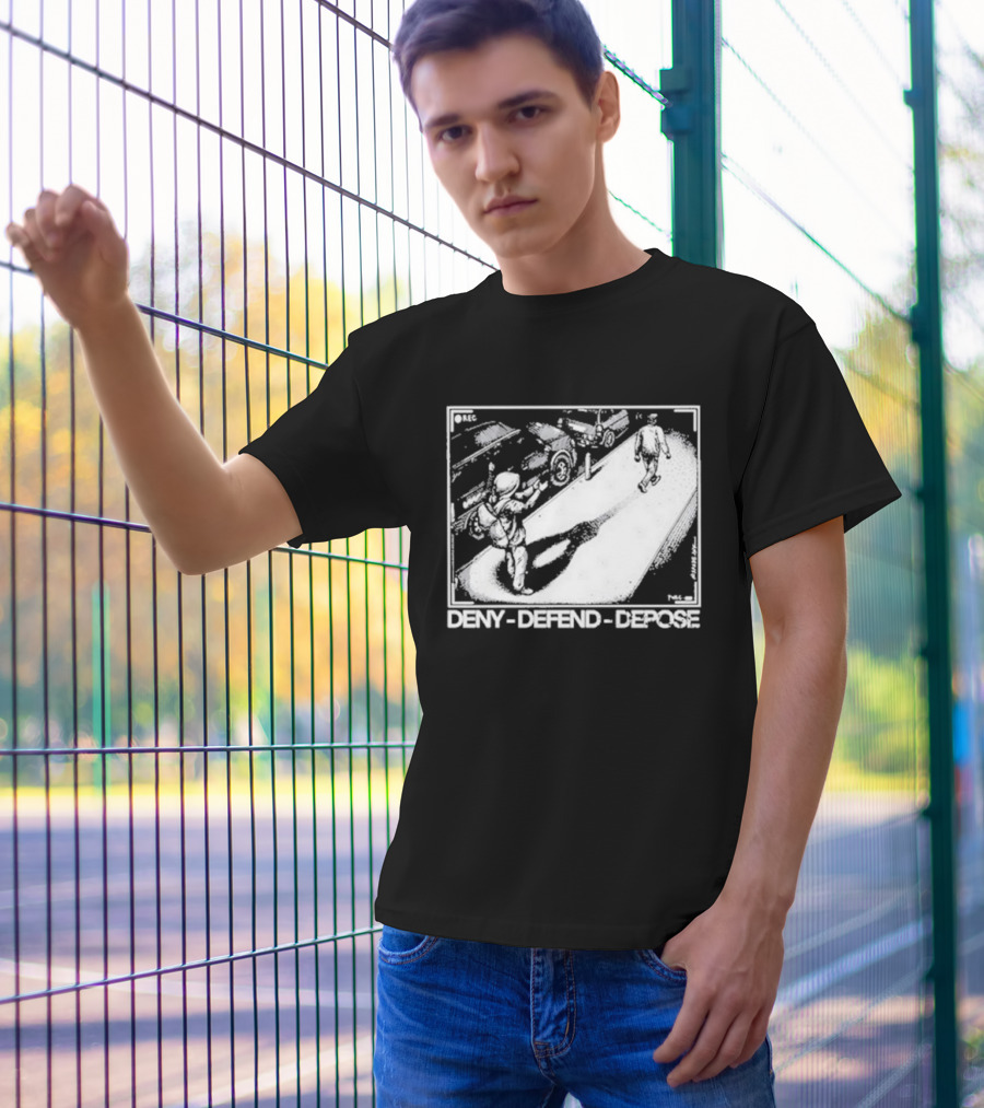 Deny Defend Depose Punk With A Camera Street Confrontation Scene T-Shirt