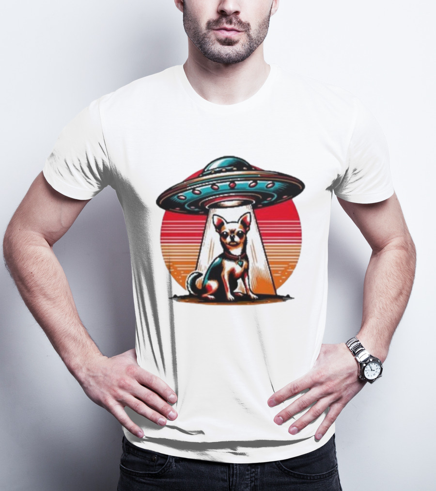 UFO Chihuahua Funny Alien Encounter Retro Sunset T-Shirt