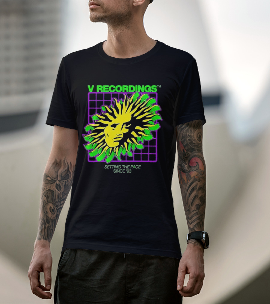 V Recordings Setting The Pace Since 93 Sunburst Face Retro Grid T-Shirt