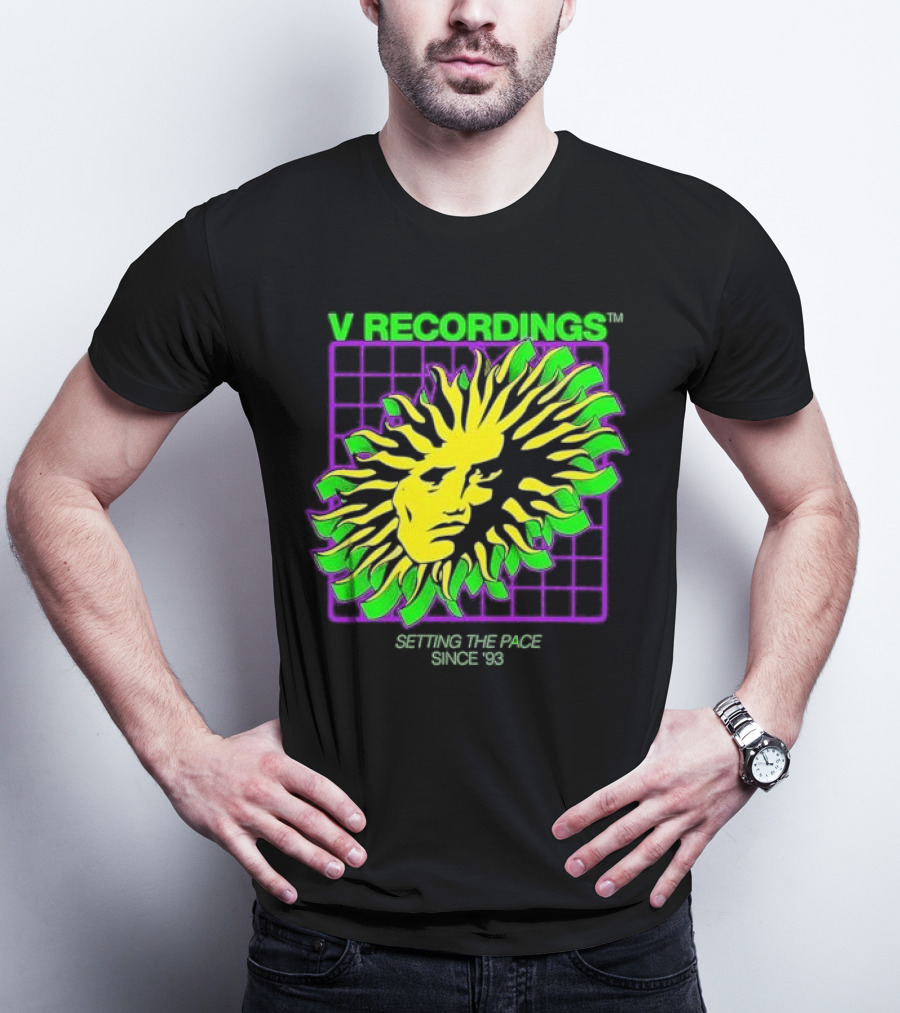 V Recordings Setting The Pace Since 93 Sunburst Face Retro Grid T-Shirt