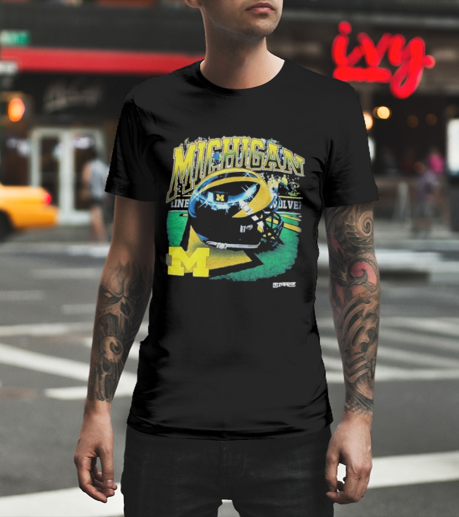Michigan Wolverines Vintage Arch Shiny Football Helmet NCAA T-Shirt
