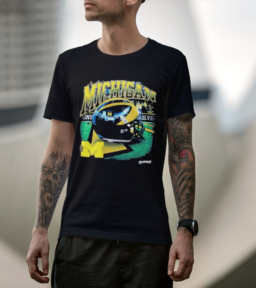 Michigan Wolverines Vintage Arch Shiny Football Helmet NCAA T-Shirt