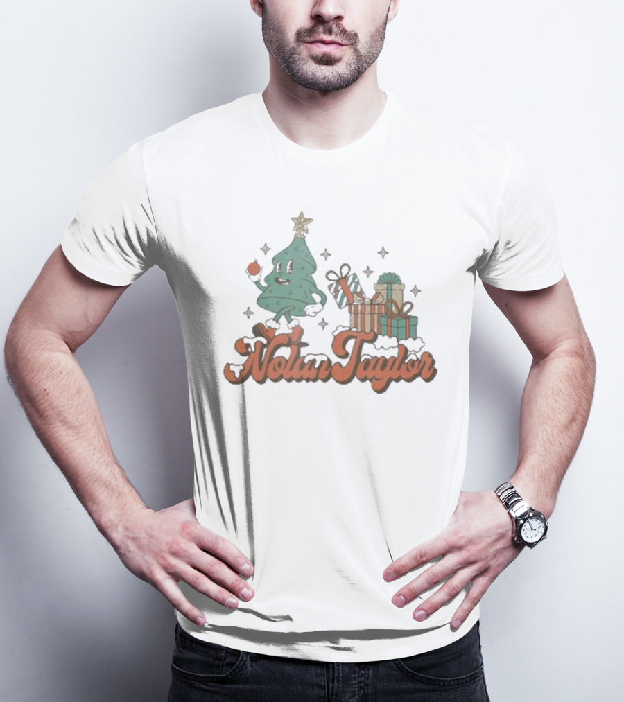 Nolan Taylor Festive Christmas Tree With Gifts And Snowy Stars T-Shirt
