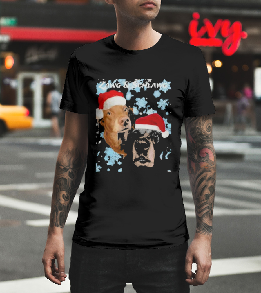 Zawg And Schlawg Christmas Dogs With Santa Hats And Snowflakes T-Shirt