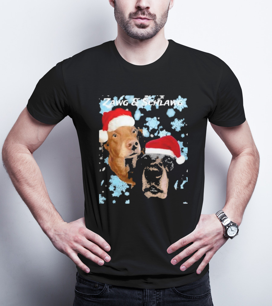 Zawg And Schlawg Christmas Dogs With Santa Hats And Snowflakes T-Shirt
