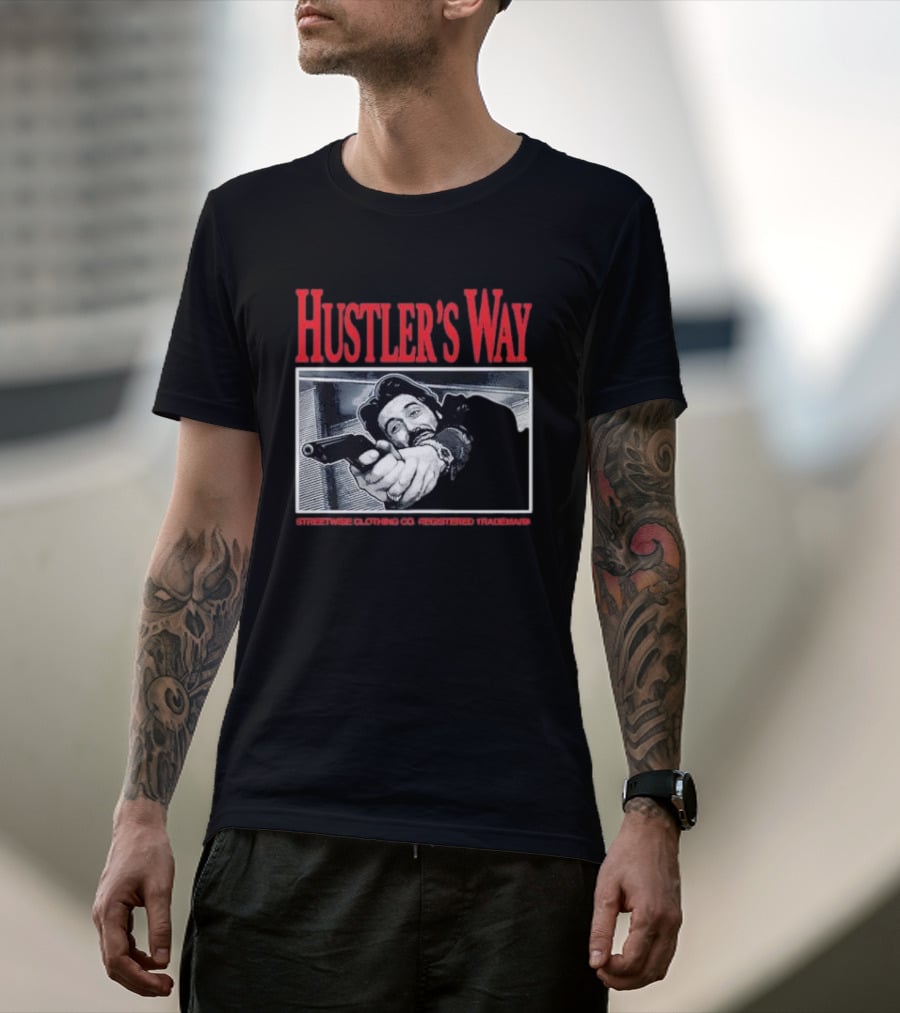 Hustler's Way Streetwise Clothing Co Registered Trademark Gunman Scene T-Shirt