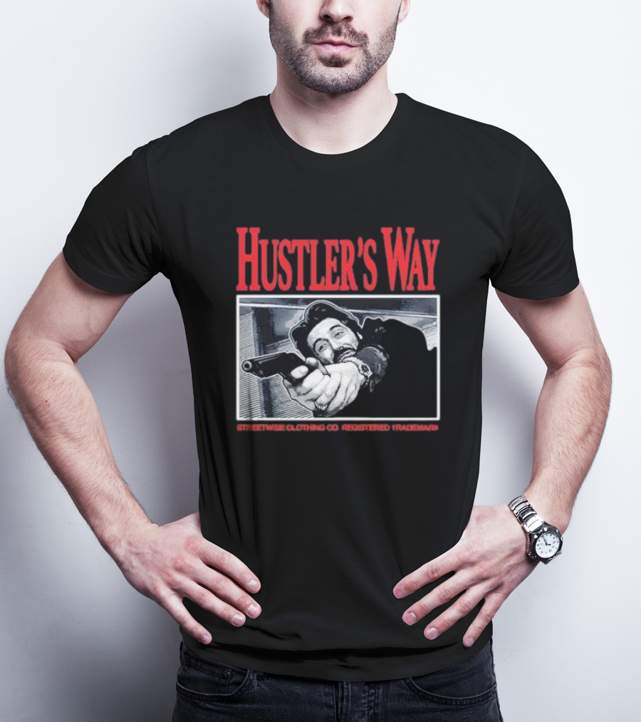 Hustler's Way Streetwise Clothing Co Registered Trademark Gunman Scene T-Shirt