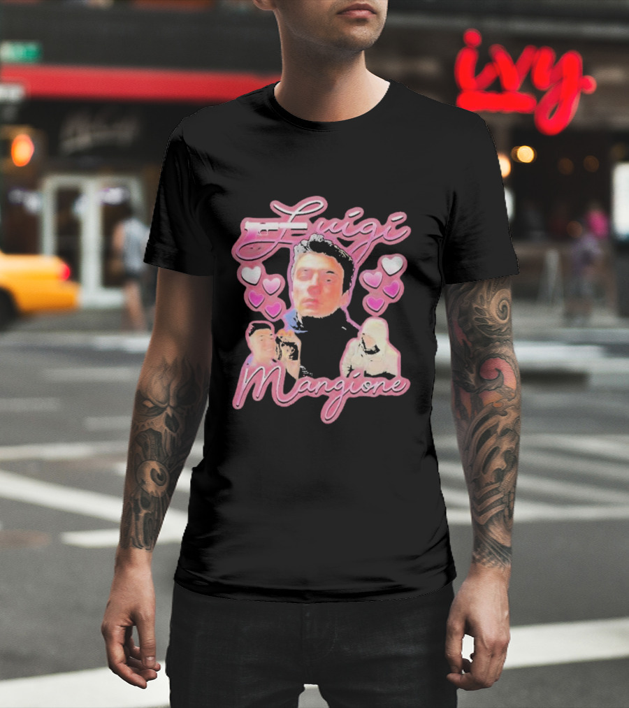 Luigi Mangione Pink Hearts And Portraits T-Shirt