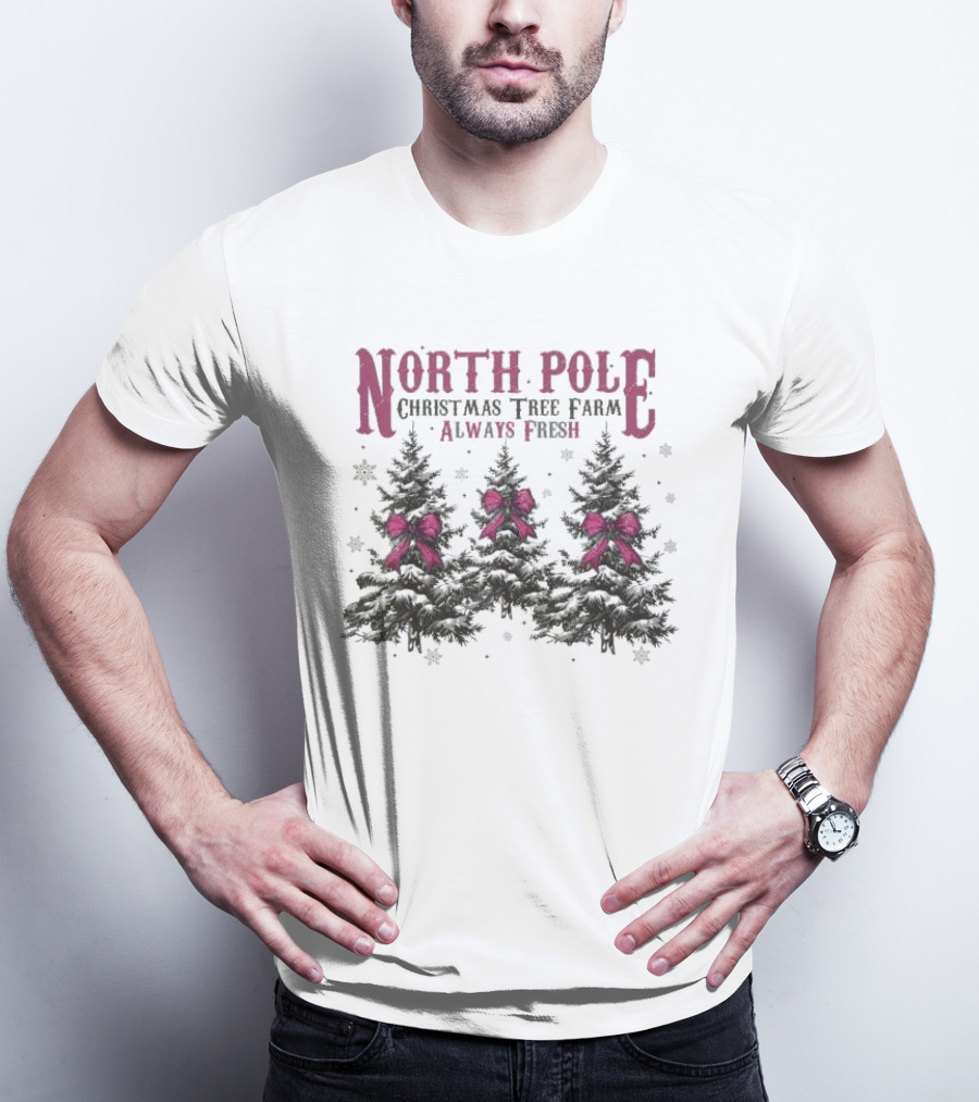North Pole Christmas Tree Farm Always Fresh Snowy Trees With Red Bows T-Shirt