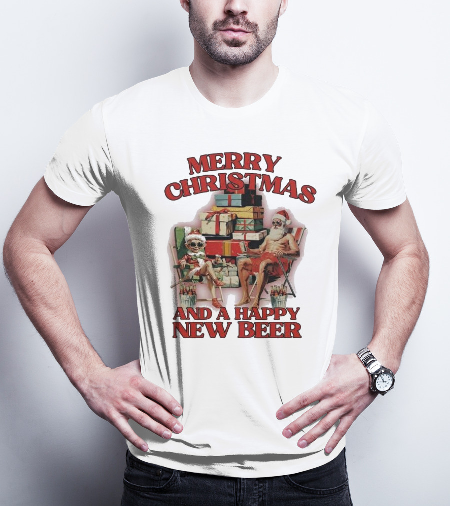Merry Christmas And A Happy New Beer Skeleton Santa And Elf With Gifts T-Shirt