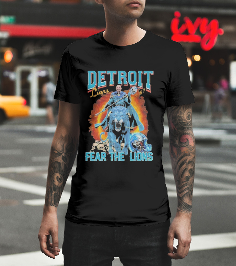 Detroit Lions Fear The Lions Blue Flame Warrior Helmets Skulls T-Shirt