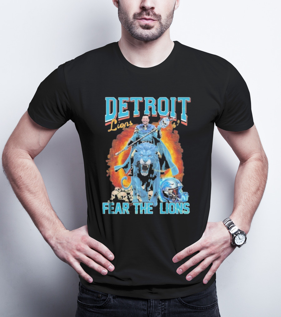 Detroit Lions Fear The Lions Blue Flame Warrior Helmets Skulls T-Shirt