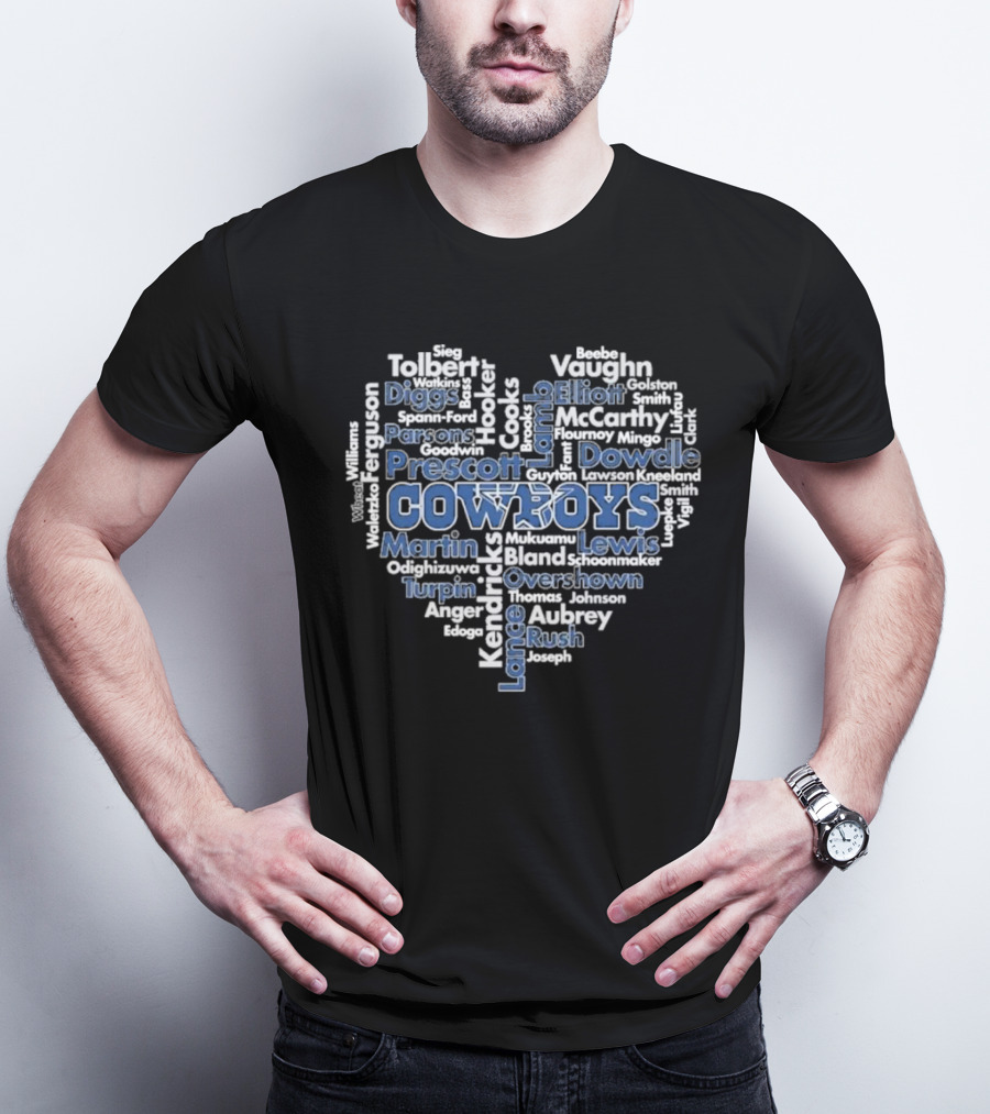 Dallas Cowboys Heart With Player Names Prescott Parsons Diggs Elliott T-Shirt