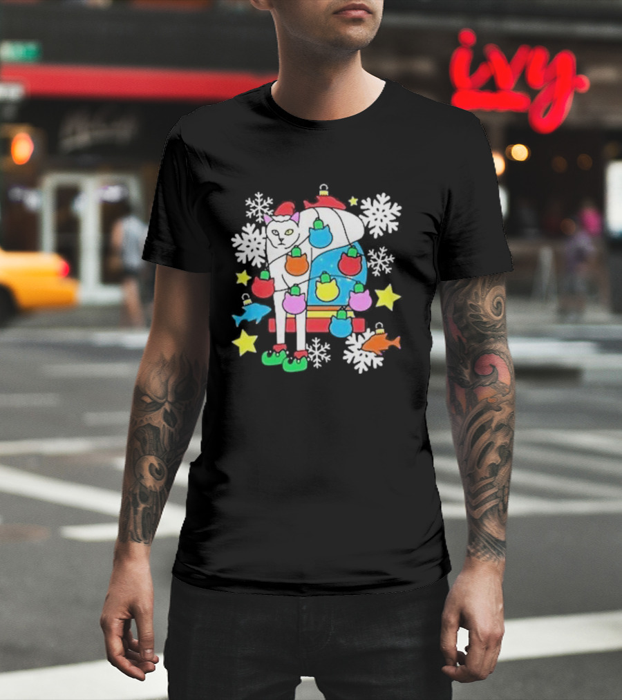 Weird Little Holiday Cat With Santa Hat And Colorful Baubles Christmas T-Shirt