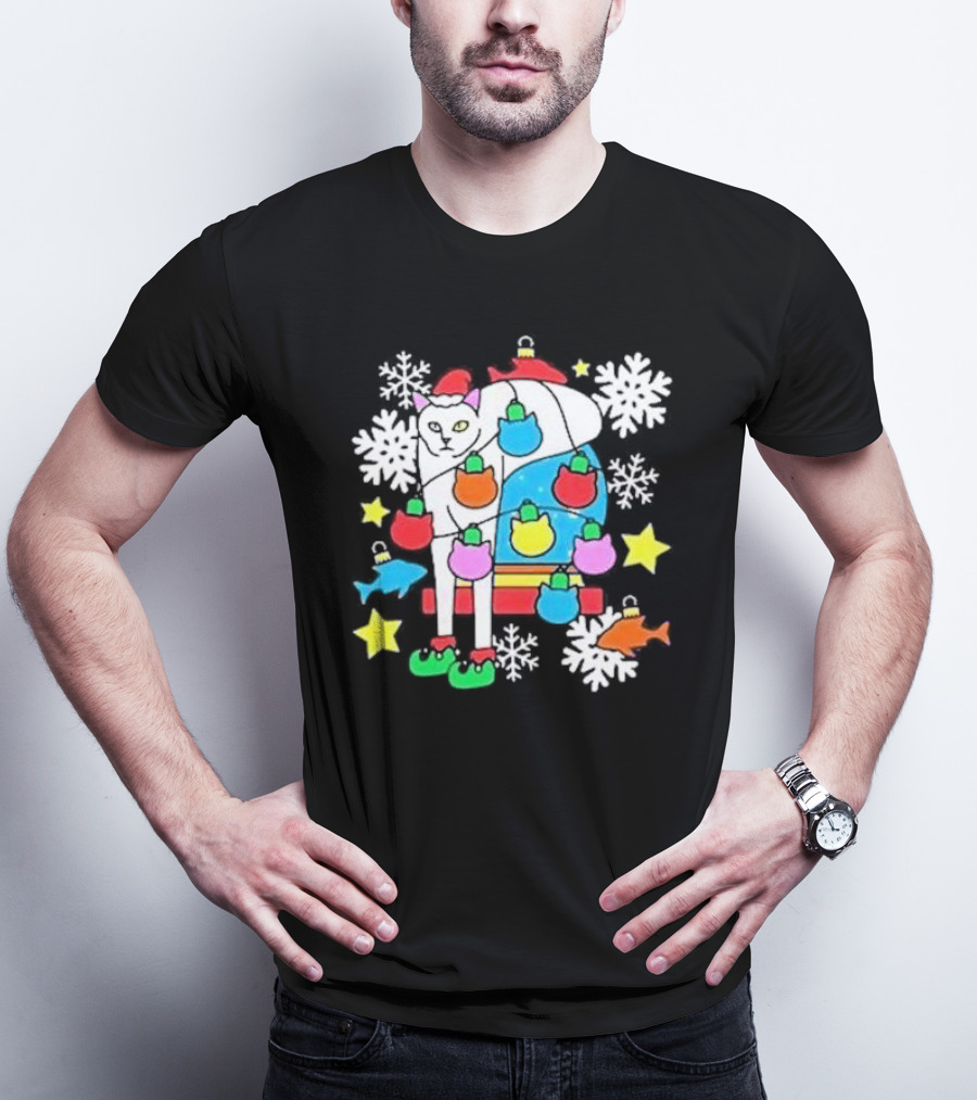 Weird Little Holiday Cat With Santa Hat And Colorful Baubles Christmas T-Shirt