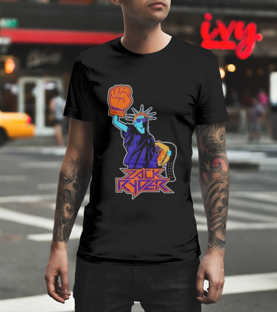 Zack Ryder Fashioned Liberty Holding Champion Belt Statue T-Shirt