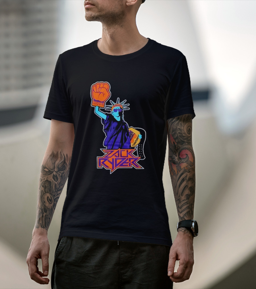 Zack Ryder Fashioned Liberty Holding Champion Belt Statue T-Shirt