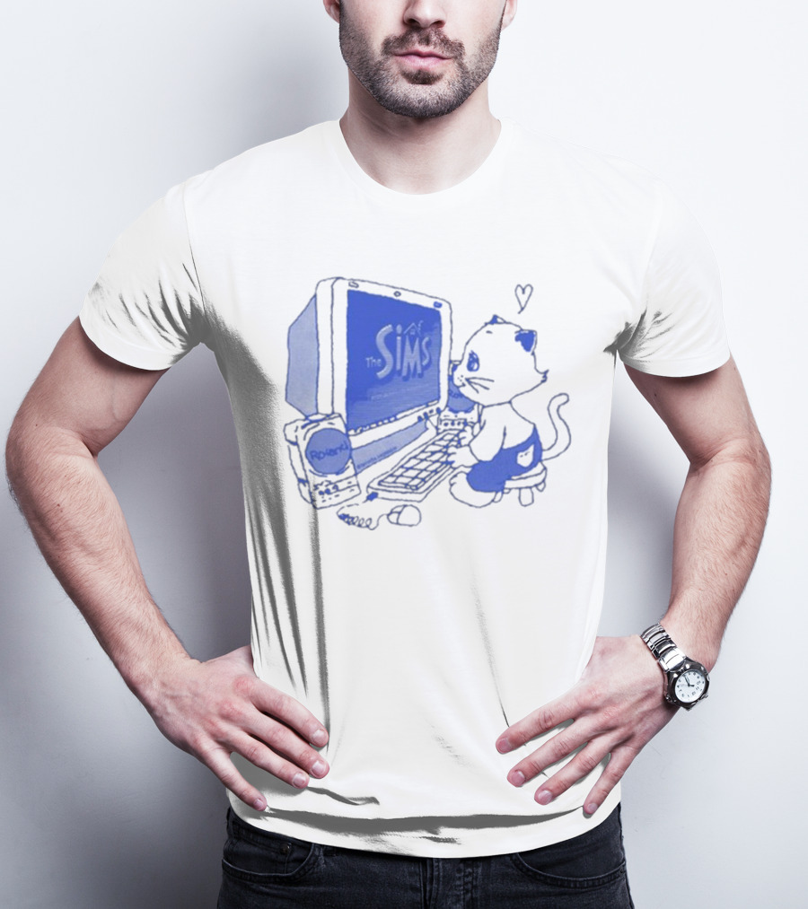 The Sims Loading Screen Cat Computer 90s Nostalgia Blue Graphics T-Shirt