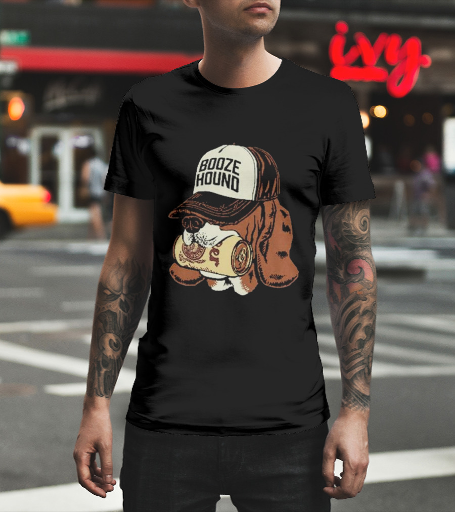 Booze Hound Dog Wearing Cap Holding Beer Can T-Shirt