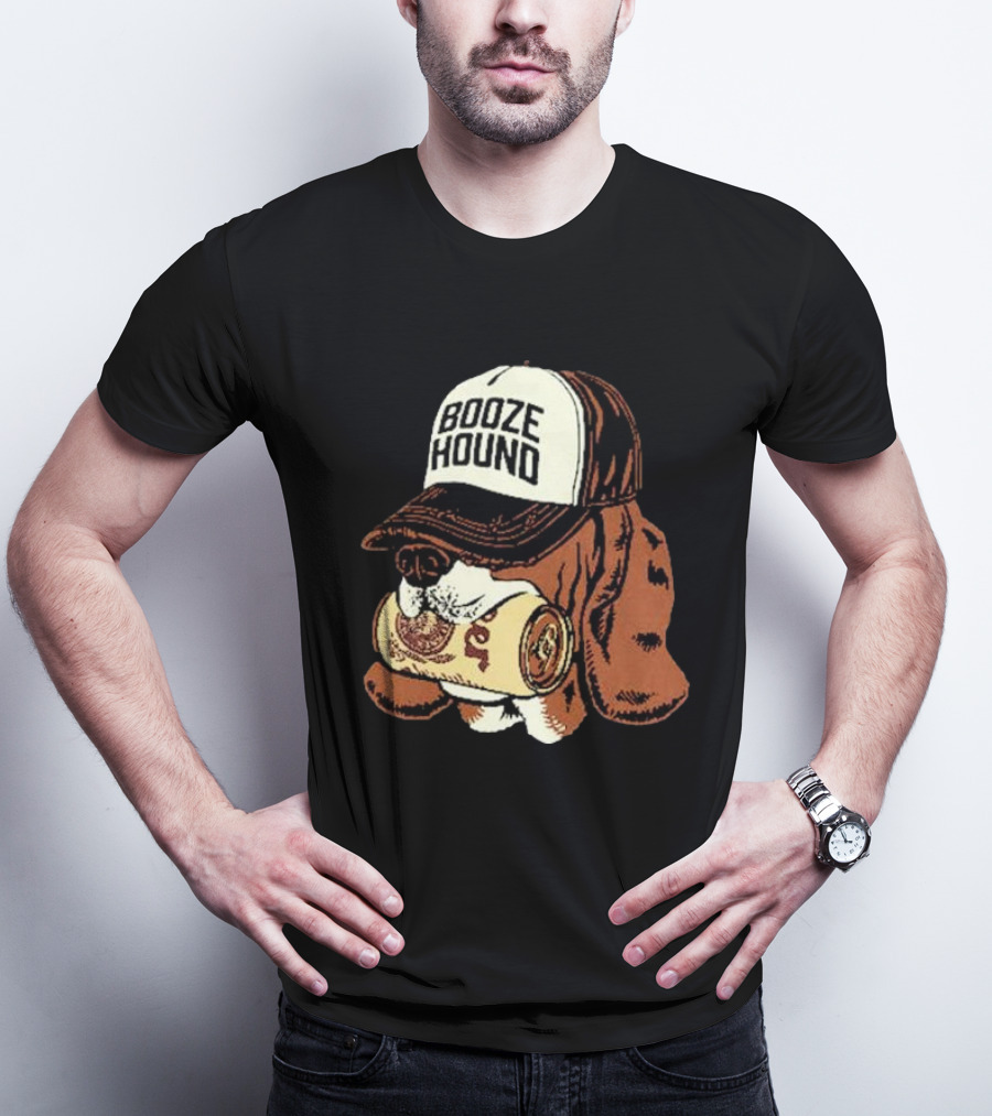Booze Hound Dog Wearing Cap Holding Beer Can T-Shirt