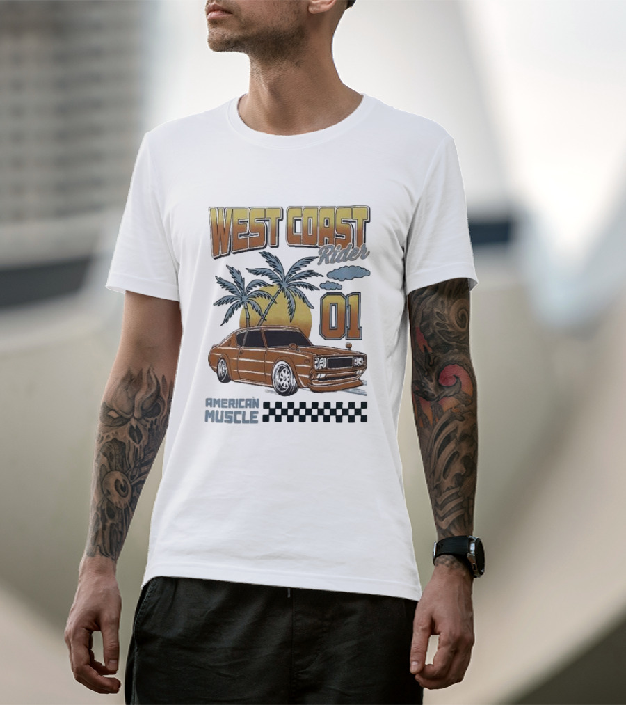 West Coast Rider American Muscle Classic Car 01 Palm Sunset T-Shirt