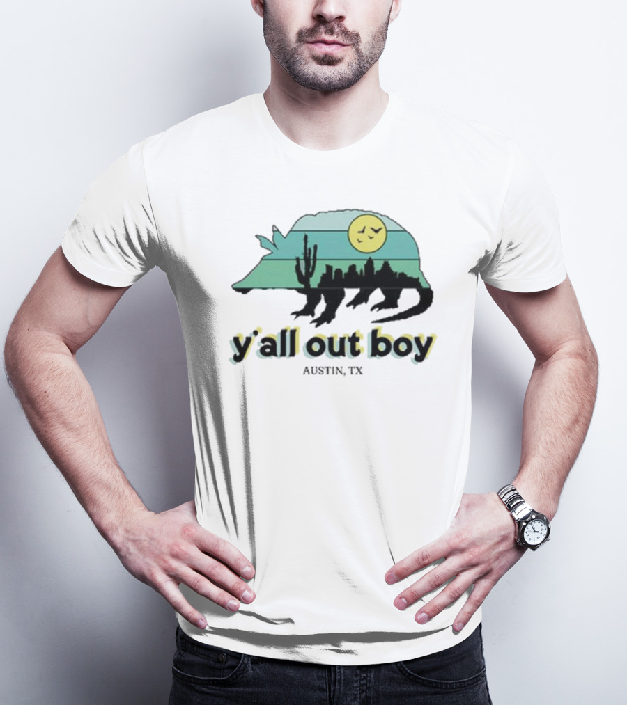 Y'all Out Boy Armadillo Austin TX Blue Gold Cactus Moon Skyline T-Shirt