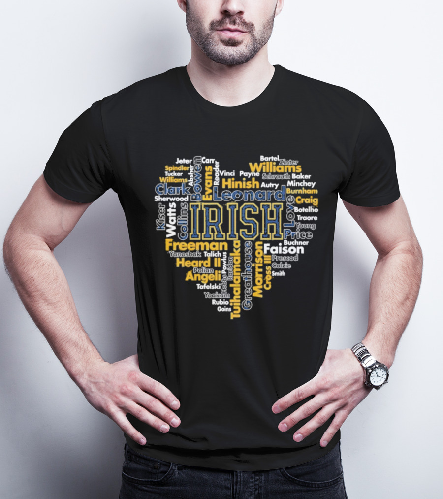 Notre Dame Fighting Irish Heart-Shaped Word Cloud Featuring Player Names For Fans And Supporters T-Shirt