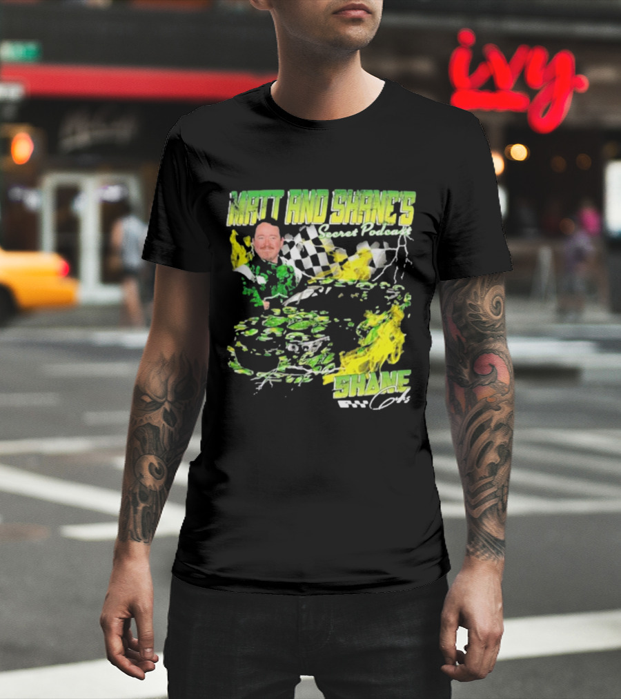 Matt And Shane's Secret Podcast Racing Theme With Flames And Checkered Flag T-Shirt