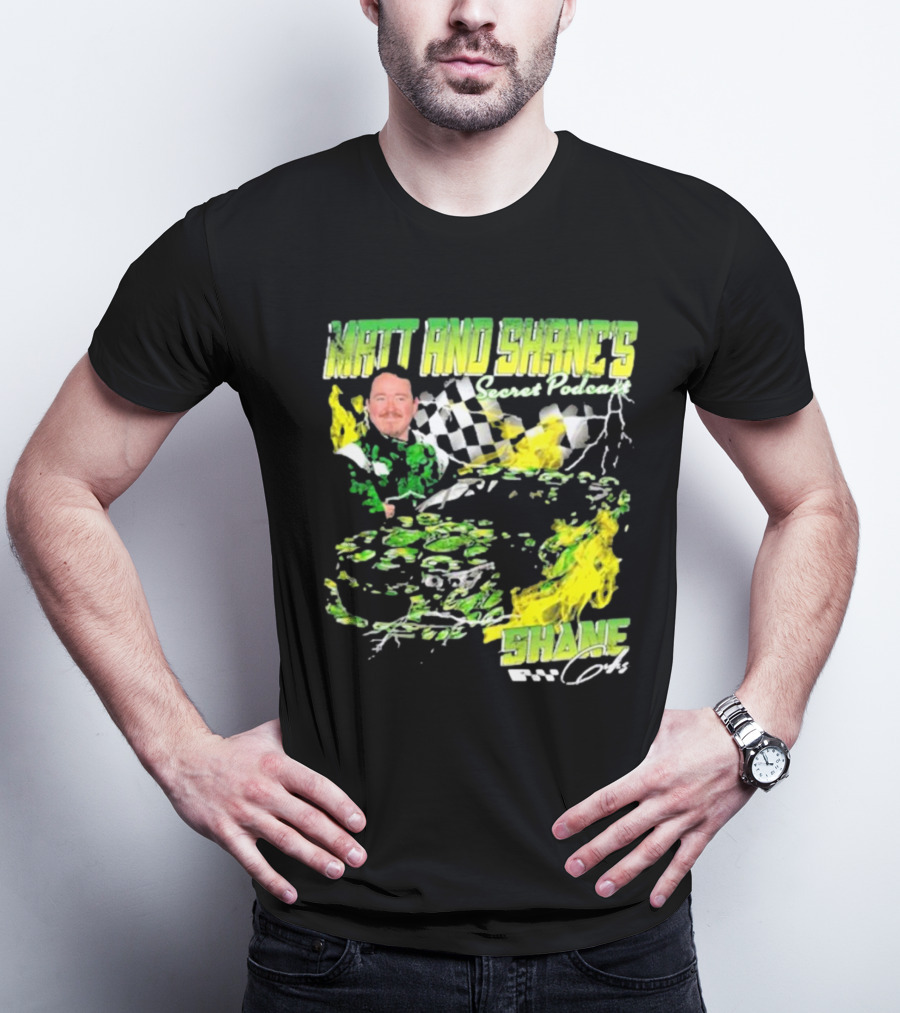 Matt And Shane's Secret Podcast Racing Theme With Flames And Checkered Flag T-Shirt