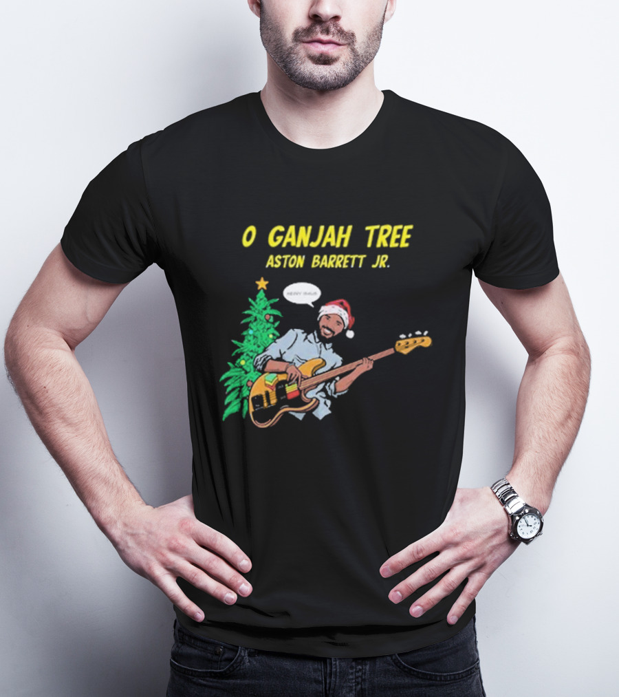 O Ganjah Tree Holiday Christmas Aston Barrett Jr Santa Hat Playing Guitar T-Shirt