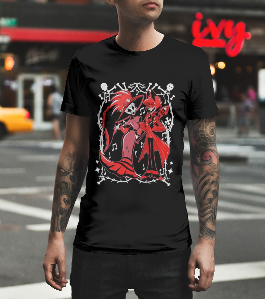 Hazbin Hotel Rosie And Alastor With Musical Notes And Skull Border T-Shirt