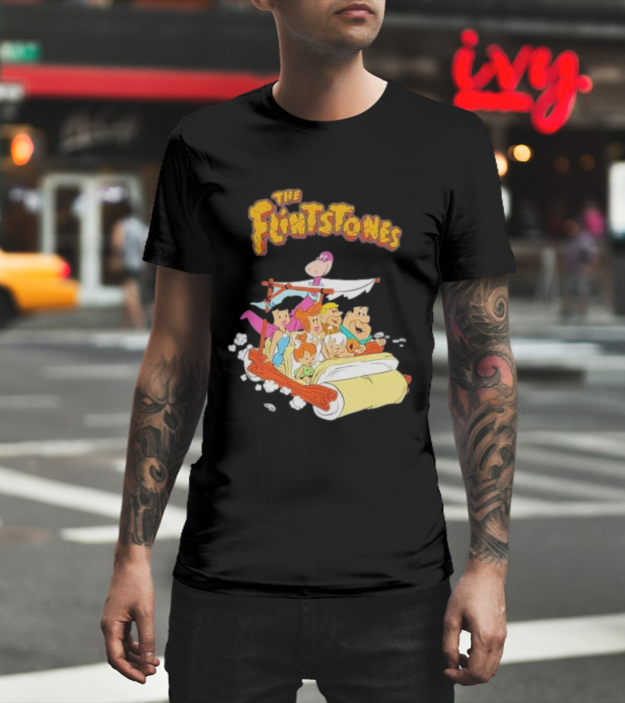 The Flintstones Family Adventure In Iconic Prehistoric Car T-Shirt