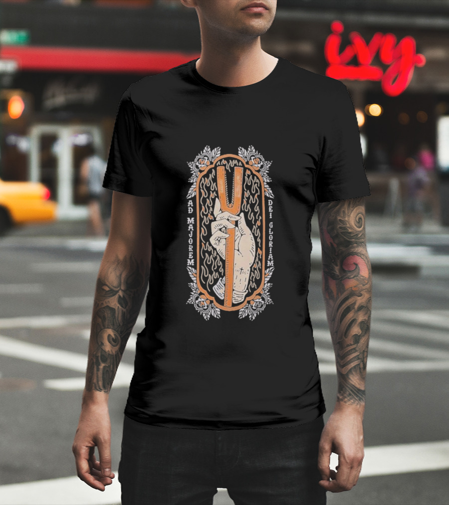 Ad Majorem Dei Gloriam Hook And Irons Hand With Flames And Roses T-Shirt