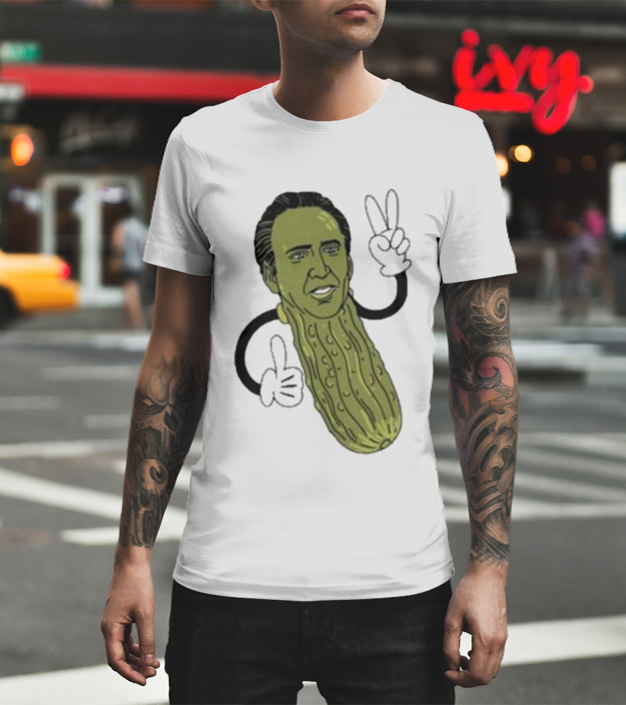 Picolas Cage Nick Cage Pickle Character With Peace Sign Christmas T-Shirt
