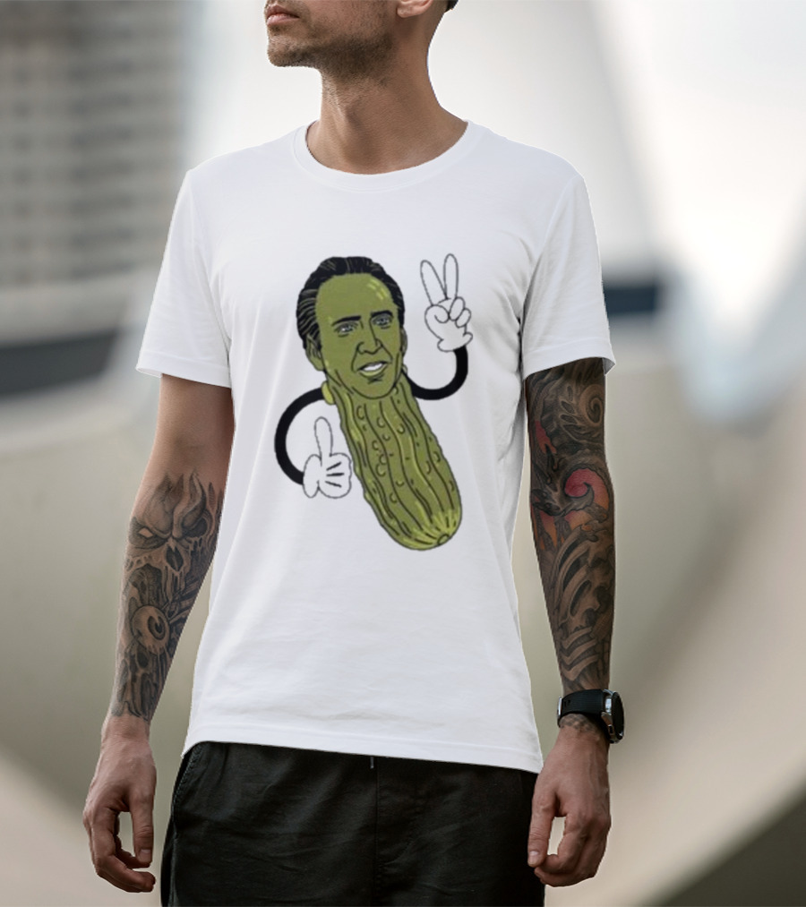 Picolas Cage Nick Cage Pickle Character With Peace Sign Christmas T-Shirt