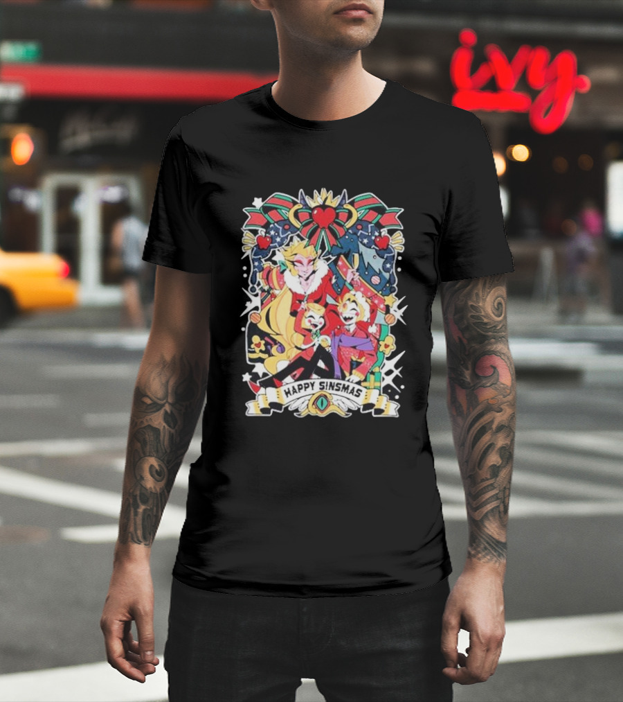 Hazbin Hotel Happy Sinsmas Christmas Celebration With Characters And Holiday Decorations T-Shirt