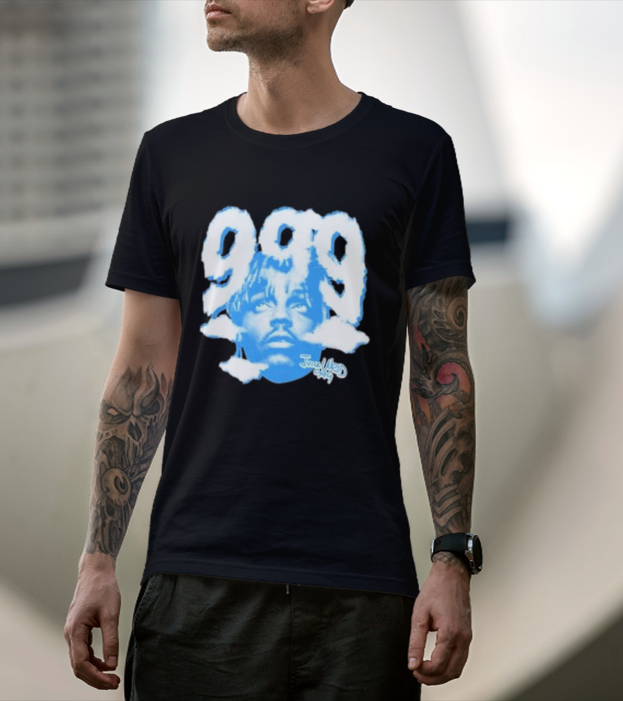 Juice Wrld 999 Clouds Portrait With Signature In Blue And White T-Shirt