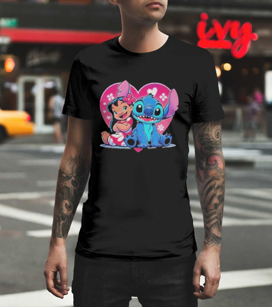 Lilo And Stitch Heart Background Pink Flower Ears Cute Characters T-Shirt