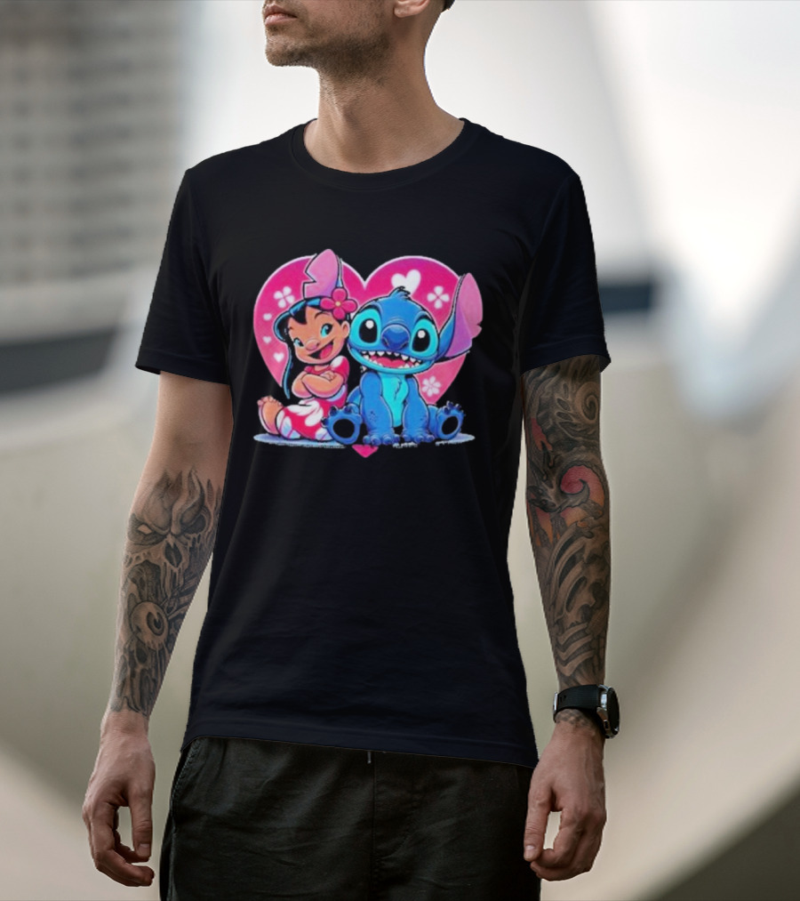 Lilo And Stitch Heart Background Pink Flower Ears Cute Characters T-Shirt