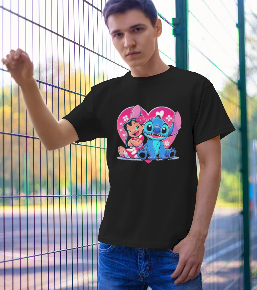 Lilo And Stitch Heart Background Pink Flower Ears Cute Characters T-Shirt
