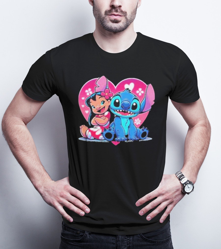 Lilo And Stitch Heart Background Pink Flower Ears Cute Characters T-Shirt