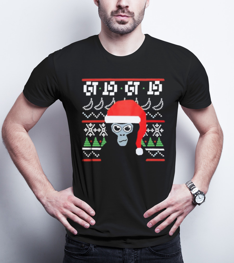 GT IS GT IS Festive Monke Claus Santa Hat Christmas Trees Snowflakes T-Shirt