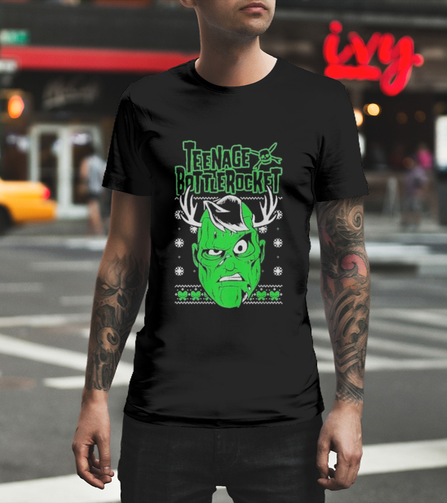 Teenage Bottlerocket Green Grumpy Face With Antlers Snowflakes Skulls Christmas T-Shirt