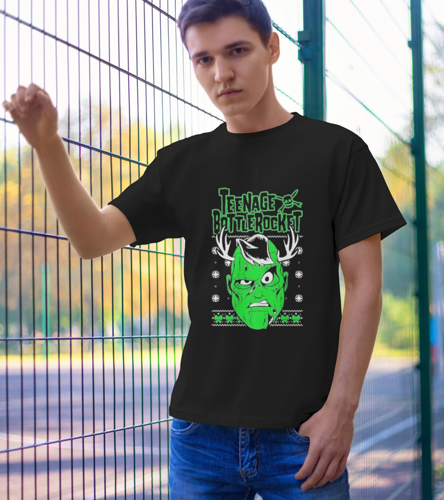 Teenage Bottlerocket Green Grumpy Face With Antlers Snowflakes Skulls Christmas T-Shirt
