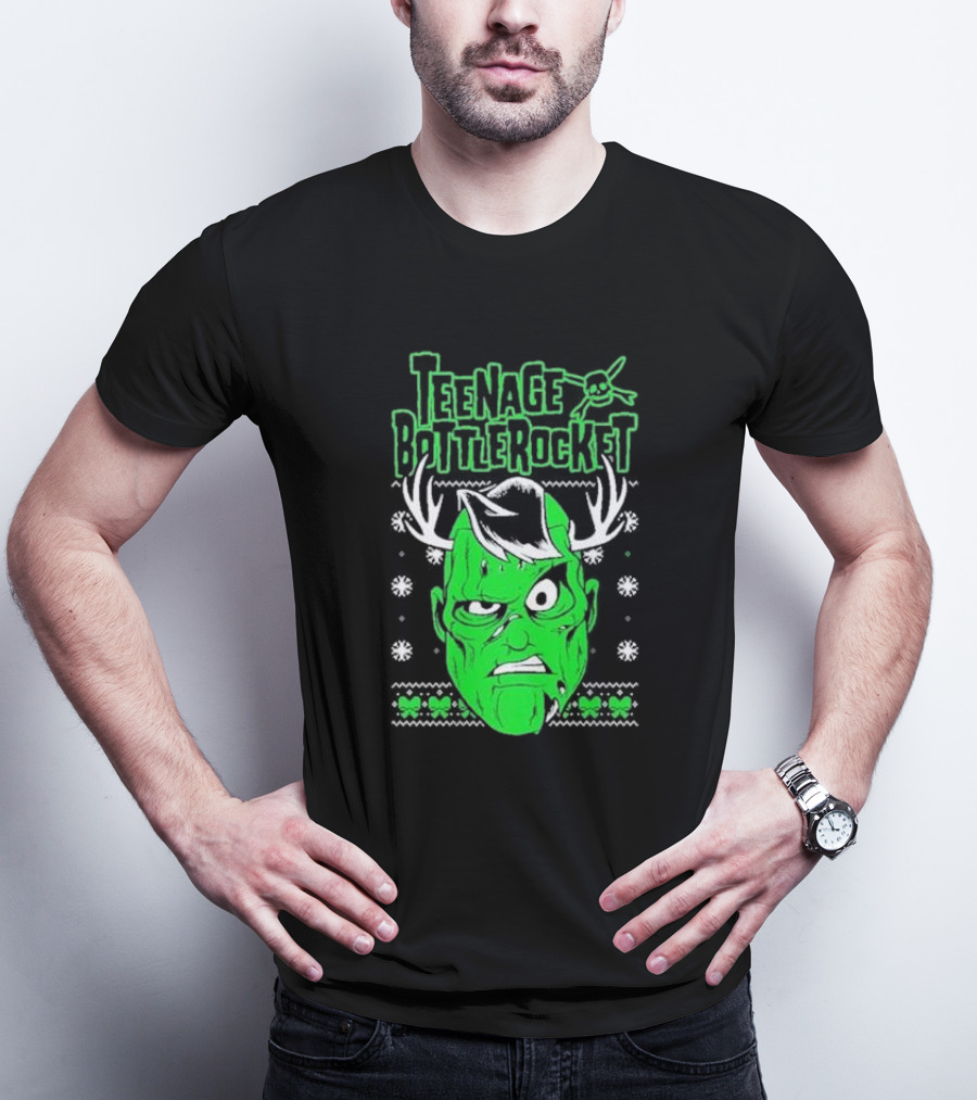 Teenage Bottlerocket Green Grumpy Face With Antlers Snowflakes Skulls Christmas T-Shirt