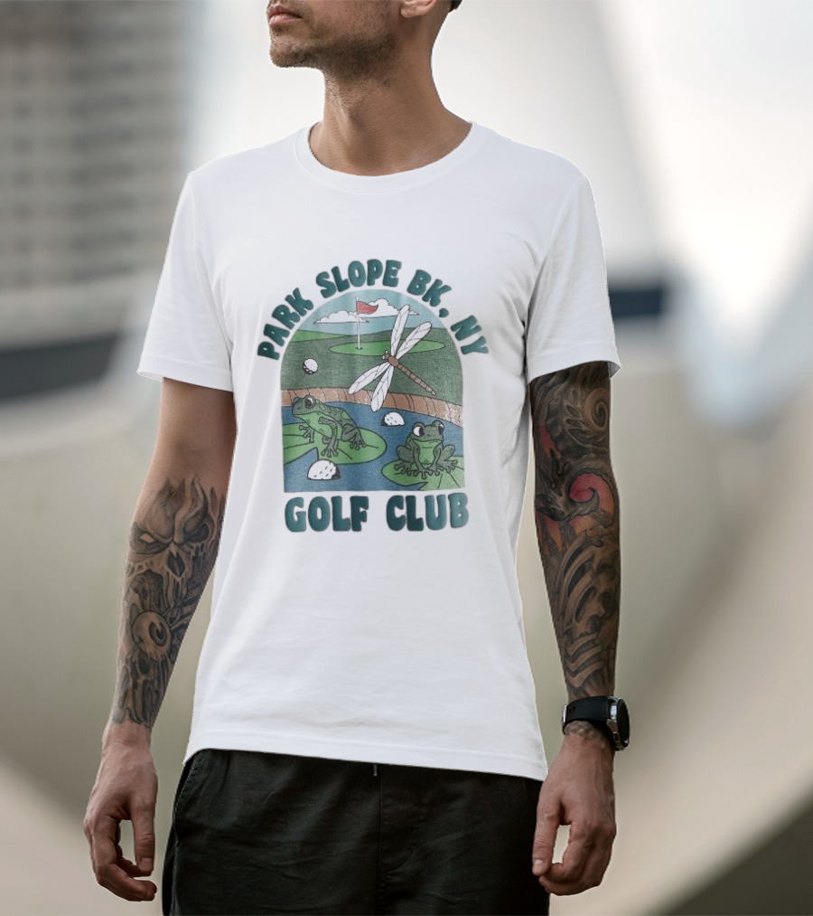 Park Slope BK NY Golf Club Frog And Dragonfly On Golf Course Lily Pads In Pond T-Shirt