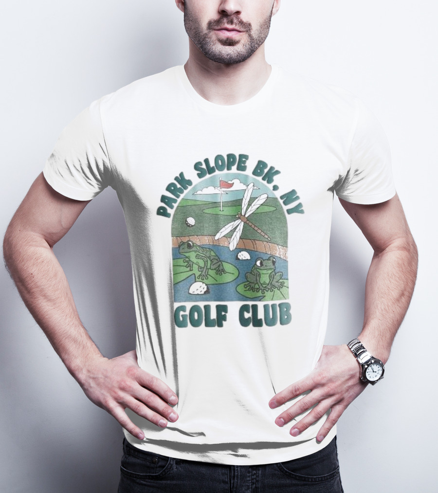 Park Slope BK NY Golf Club Frog And Dragonfly On Golf Course Lily Pads In Pond T-Shirt