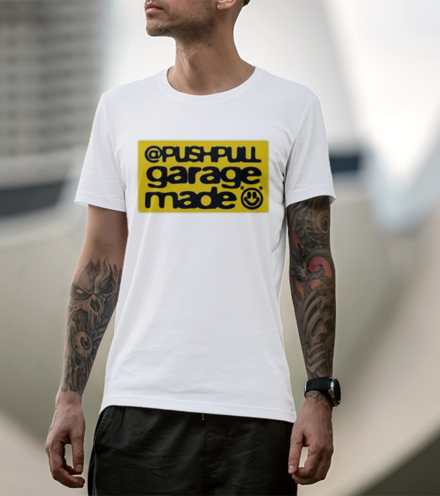 Pushpull Garage Made Smiley Face Yellow Background T-Shirt