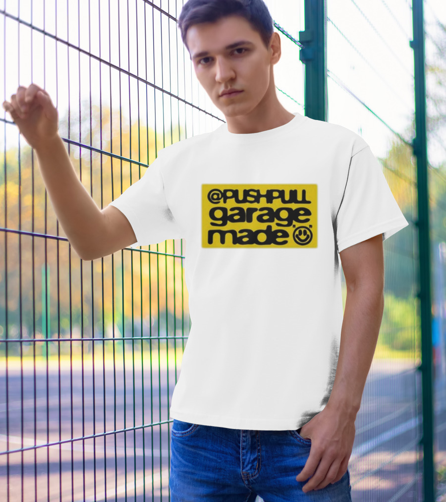 Pushpull Garage Made Smiley Face Yellow Background T-Shirt