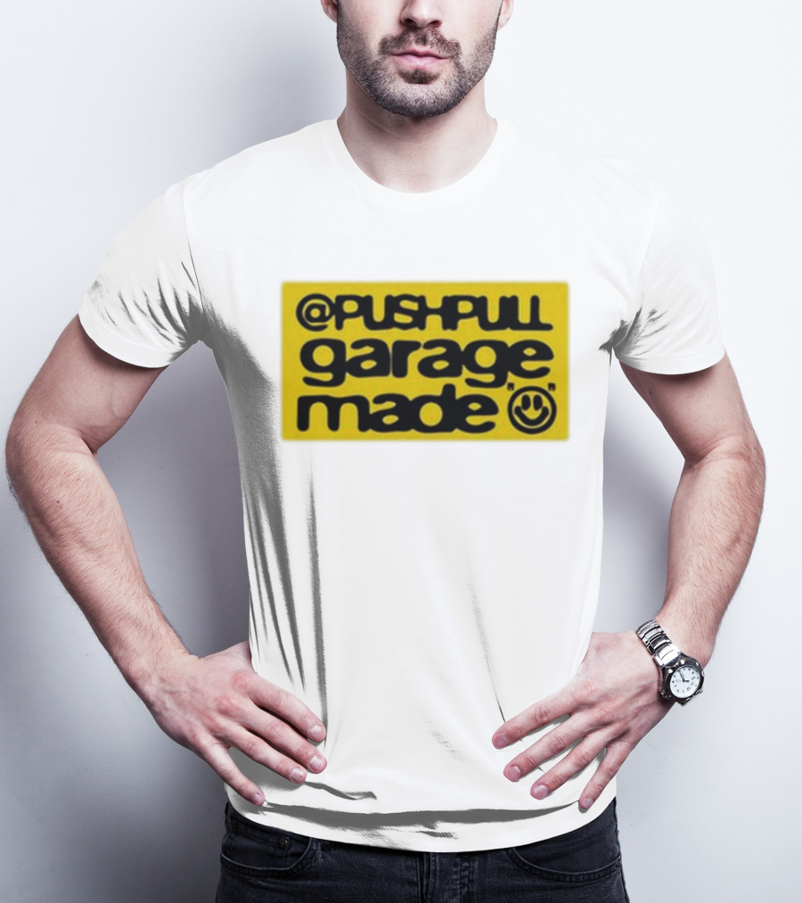 Pushpull Garage Made Smiley Face Yellow Background T-Shirt